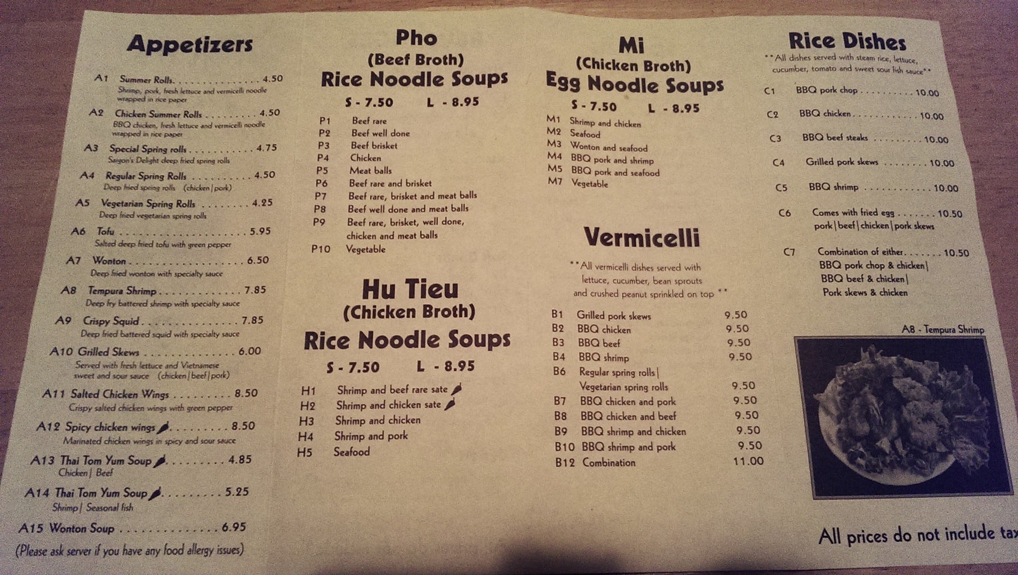 Menu at Saigon's Delight restaurant, Carleton Place