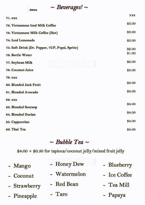 Menu at Pho Hien Trang restaurant, Renton