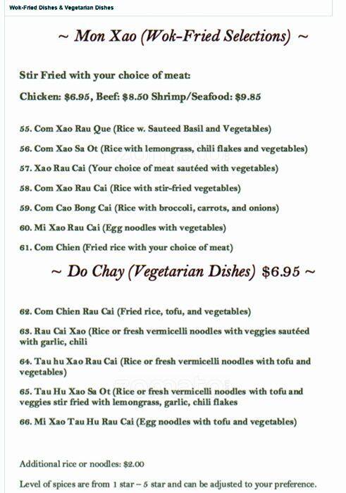 Menu at Pho Hien Trang restaurant, Renton