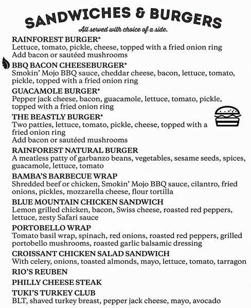 Menu at Rainforest Cafe, San Antonio