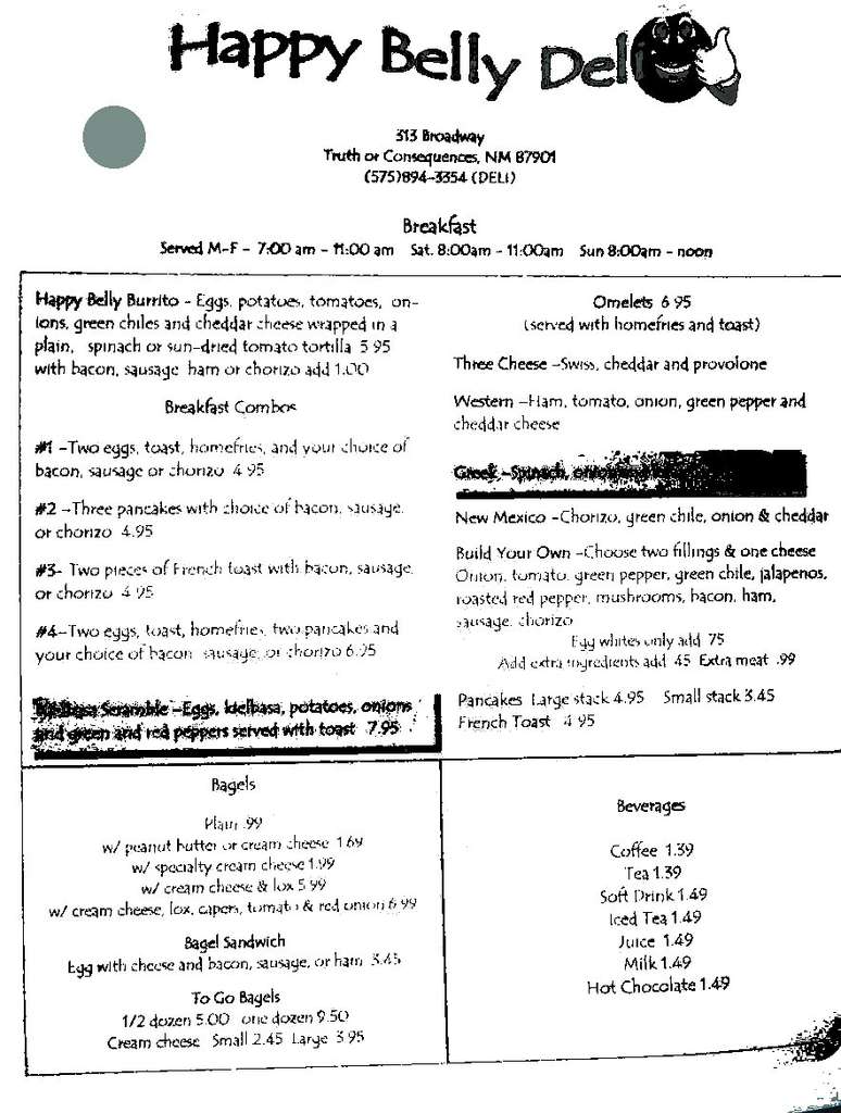 Happy Belly Deli Menu Menu For Happy Belly Deli Truth Or Consequences Truth Or Consequences