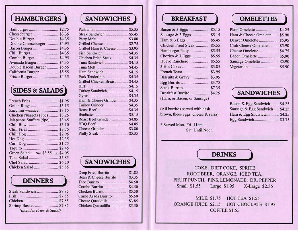 Menu at Chris' Burgers cafe, Riverside