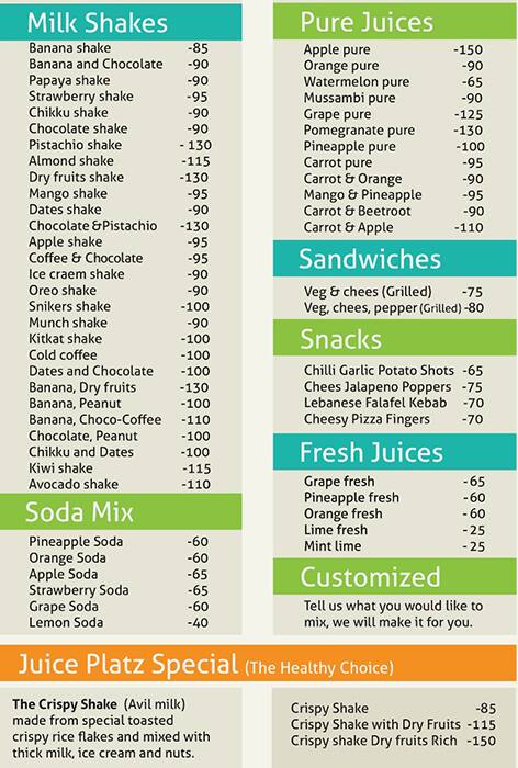 Menu of Juice Platz, Virar, Mumbai
