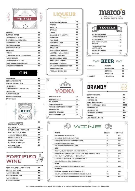 Menu of Marco's Italian, Al Maqtaa, Abu Dhabi