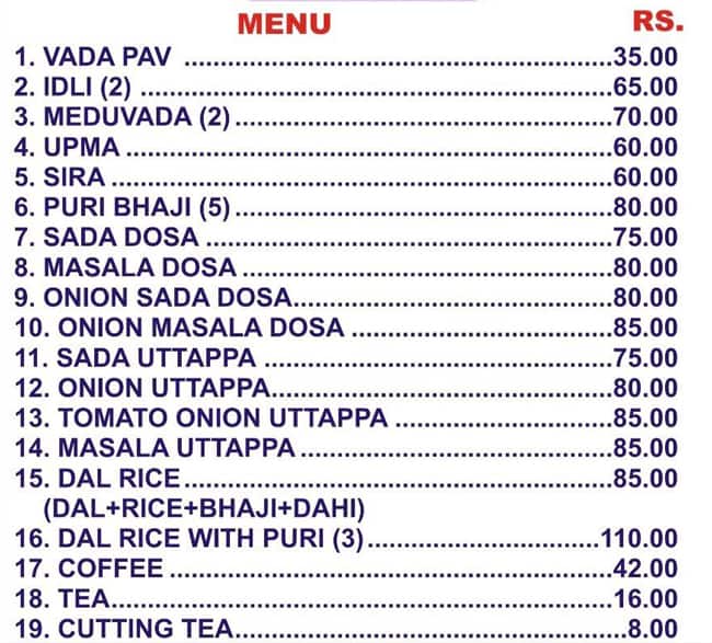 Menu of Hotel Navaratna Shree Balaji, Kharghar, Navi Mumbai
