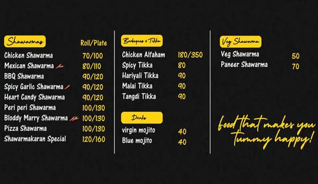 Menu at Shawarma kaaran, Coimbatore