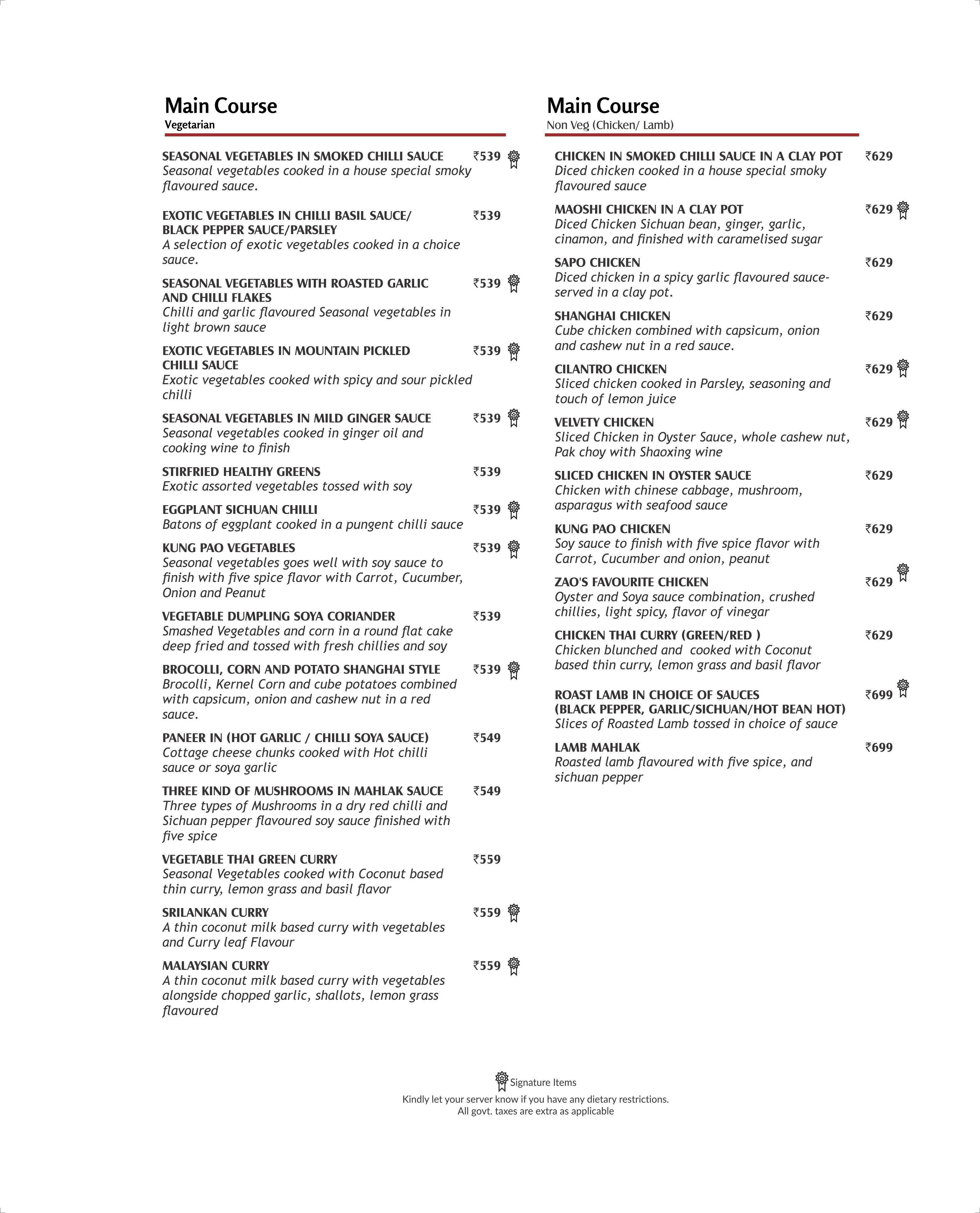 Menu at Zao, Lucknow