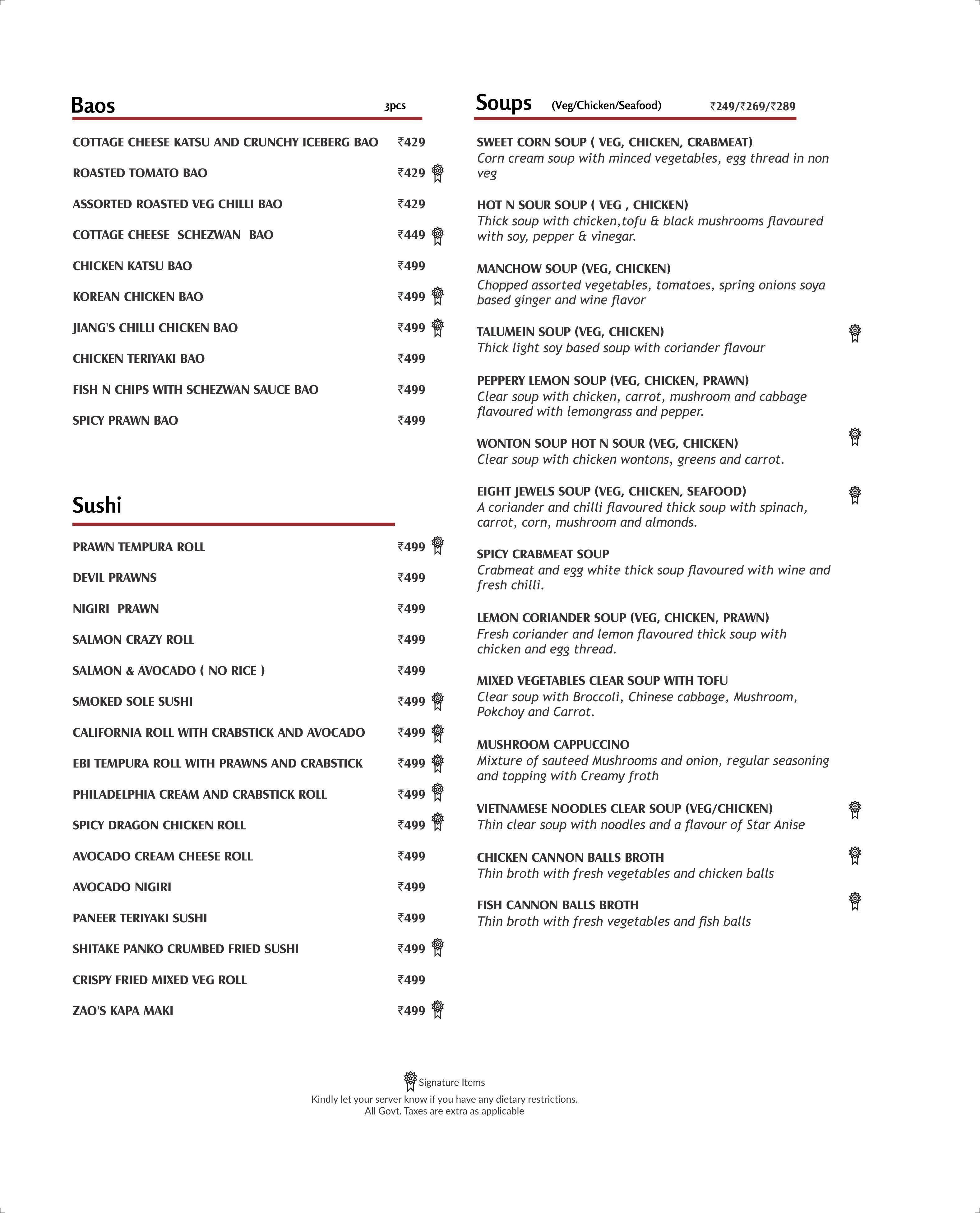 Menu at Zao, Lucknow