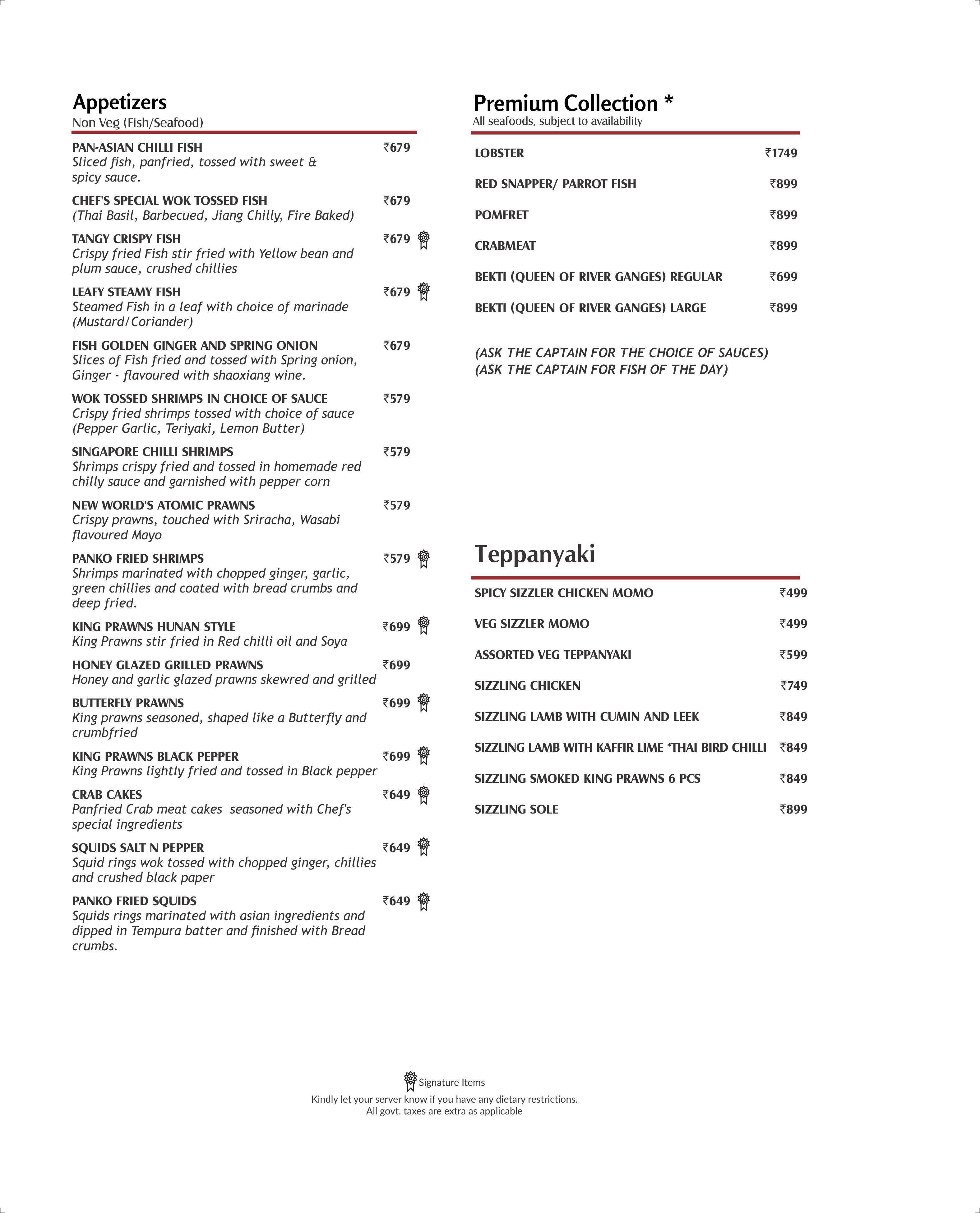 Menu at Zao, Lucknow