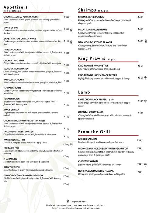 Menu at Zao, Lucknow