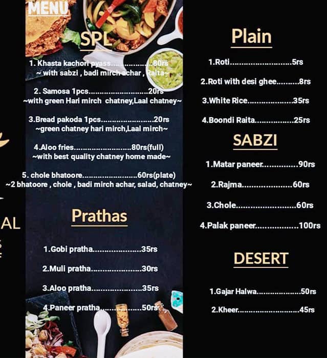 Menu at Paratha queen, Delhi