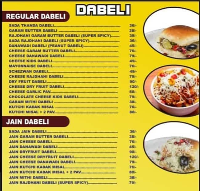 Menu of Famous Dabeli, Vasai, Mumbai