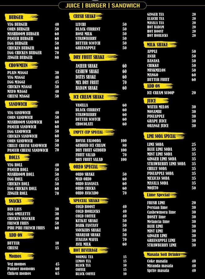 Menu of Empty Cup, Kengeri, Bangalore