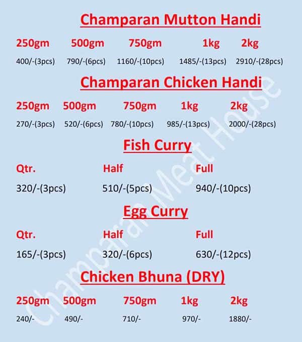 Menu of The Champaran Meat House, Amrapali Dream Valley, Greater Noida