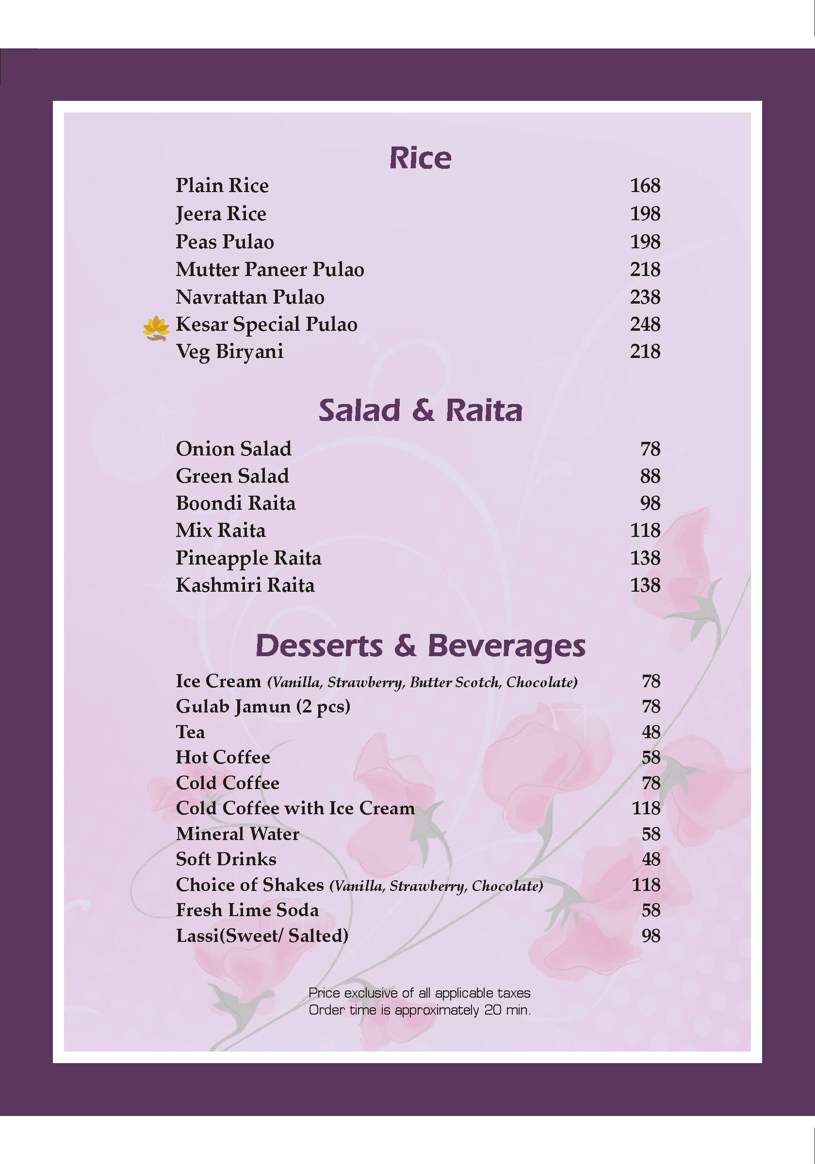 Menu at Kesar Kitchen, Agra
