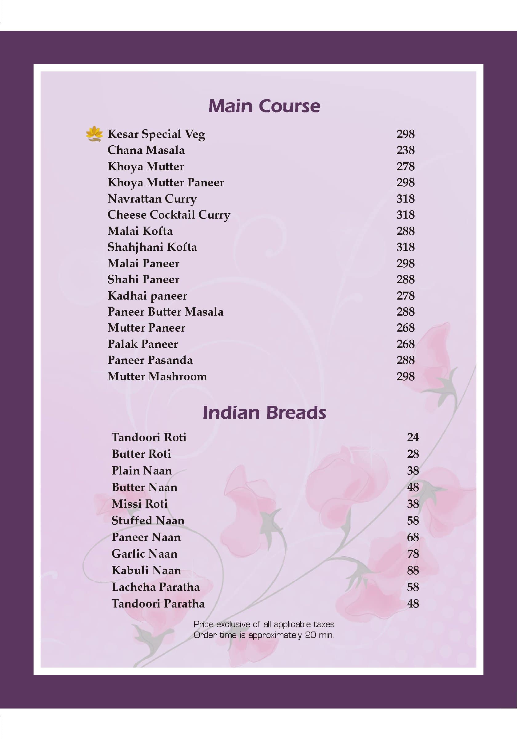 Menu at Kesar Kitchen, Agra