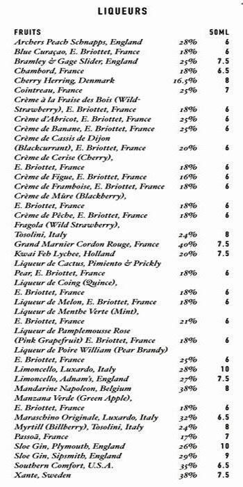 Menu at Reunion Bar, London, 101 Buckingham Palace Rd