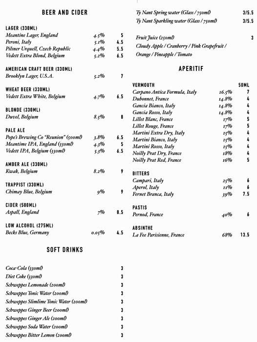 Menu at Reunion Bar, London, 101 Buckingham Palace Rd