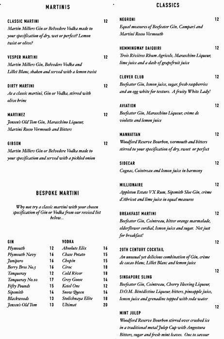 Menu at Reunion Bar, London, 101 Buckingham Palace Rd