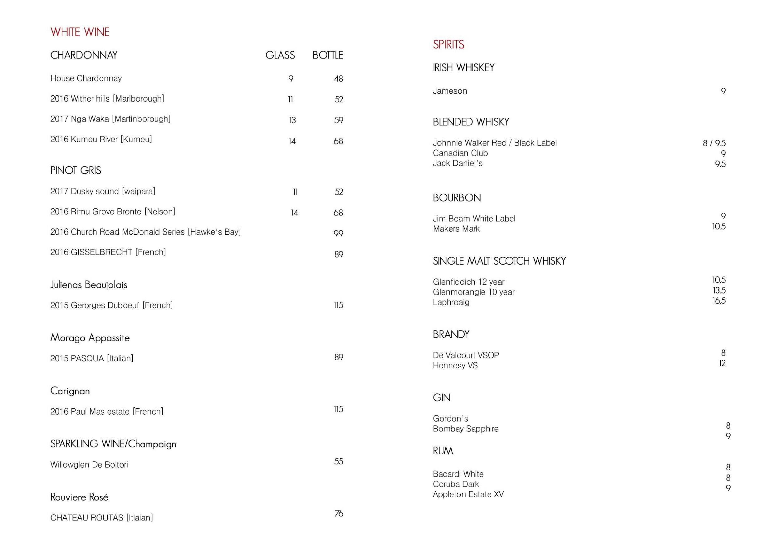 Menu at Hansik pub & bar, Auckland, 19 Drake Street