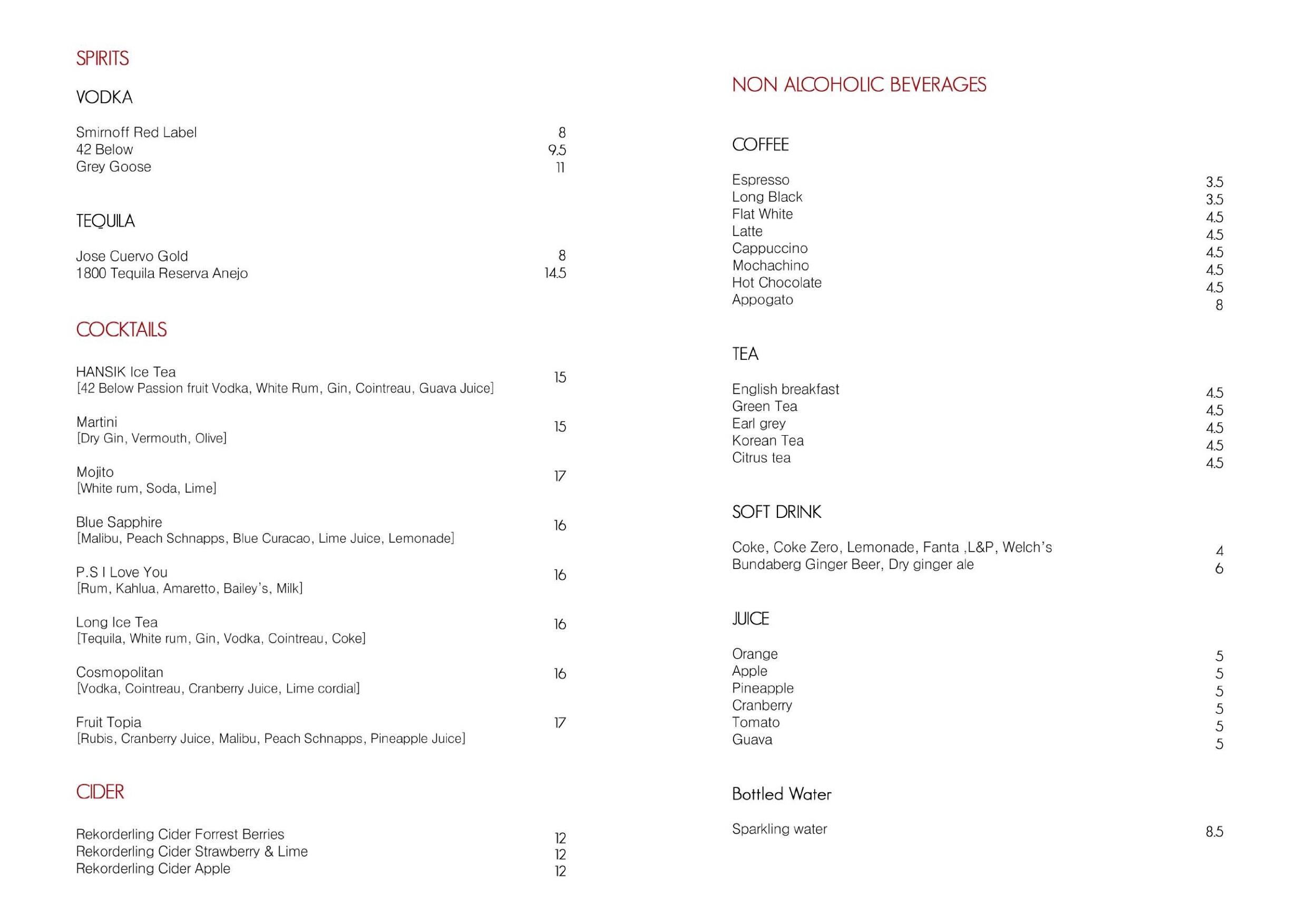 Menu at Hansik pub & bar, Auckland, 19 Drake Street