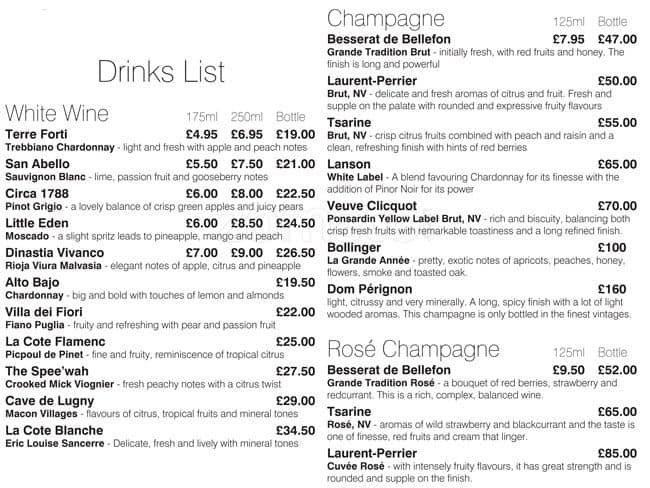 Menu at Tempus restaurant, Glasgow