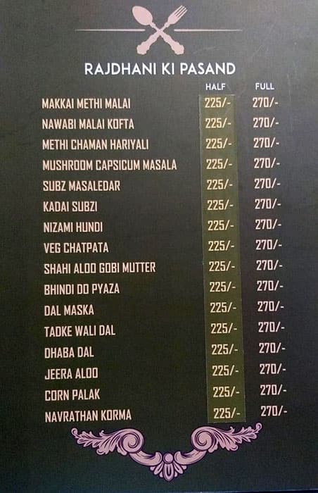 Menu at Rajdhani, Hyderabad, Rajdhani Jain Mandir Road