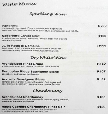 Menu at Cape St. Francis Resort restaurant, Cape Saint Francis