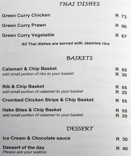 Menu at Cape St. Francis Resort restaurant, Cape Saint Francis