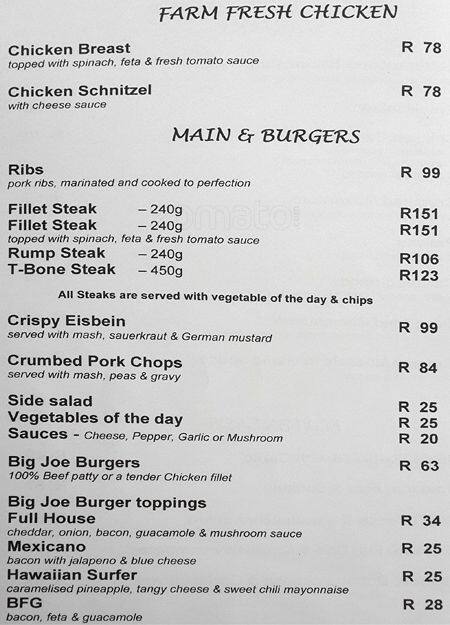 Menu at Cape St. Francis Resort restaurant, Cape Saint Francis