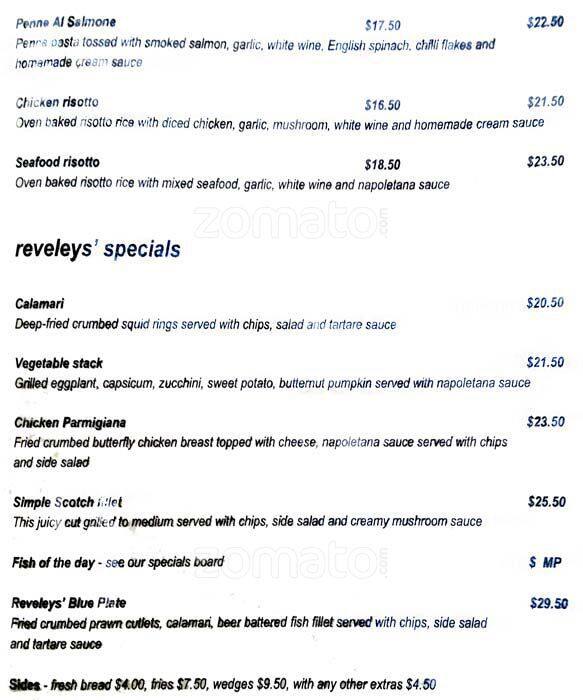 Menu at Reveleys Cafe, Perth, 28 The Esplanade