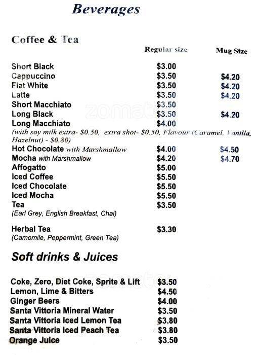 Menu at Reveleys Cafe, Perth, 28 The Esplanade