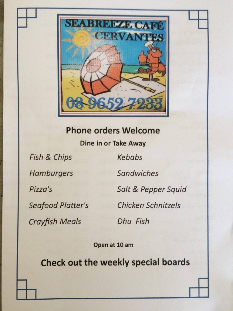 Menu at Sea Breeze Cafe, Cervantes