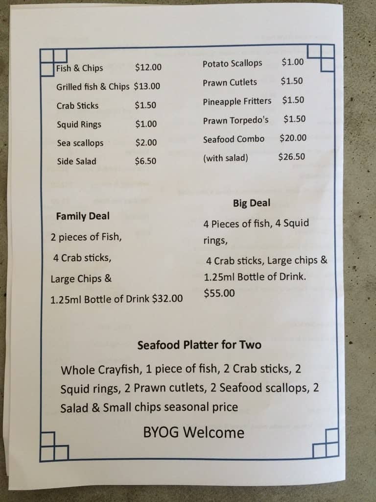 Menu at Sea Breeze Cafe, Cervantes