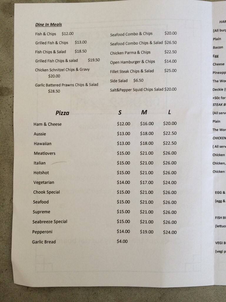 Menu at Sea Breeze Cafe, Cervantes