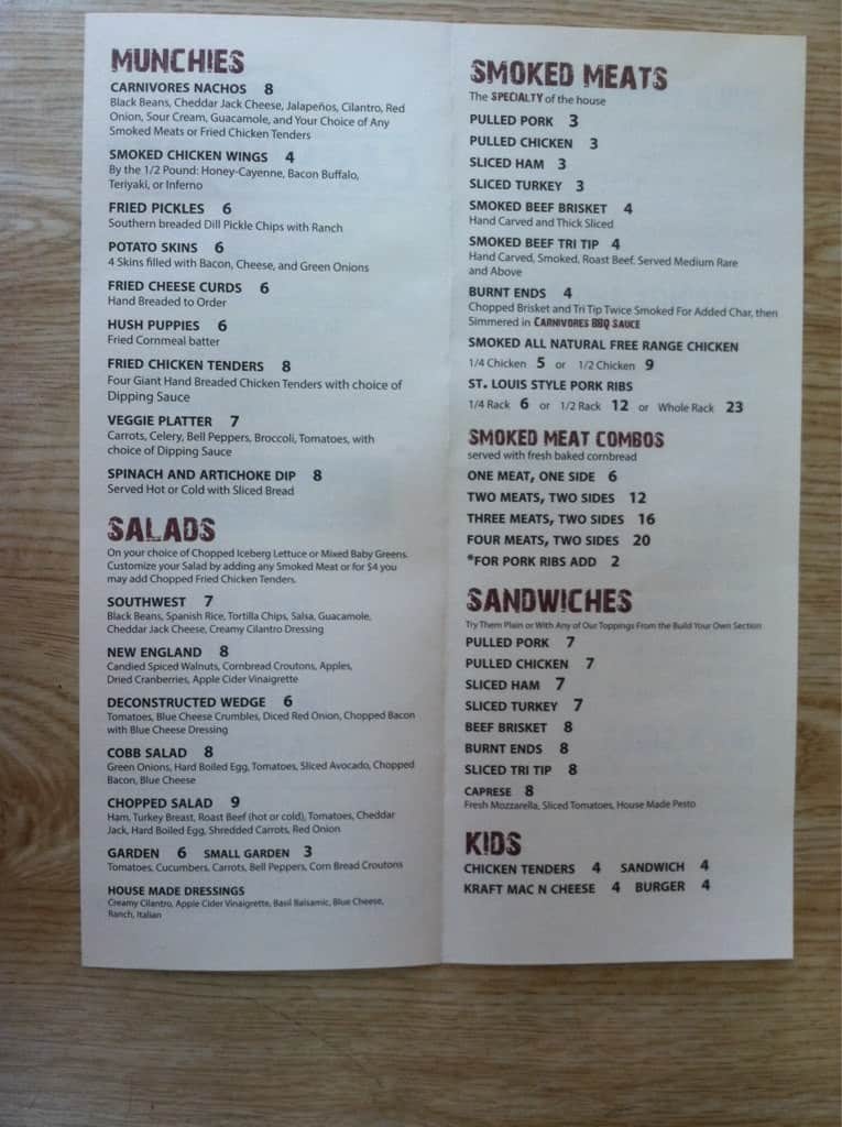 Menu at Carnivores All American BBQ, Milford, 90 Mill St