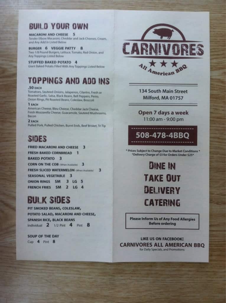Menu at Carnivores All American BBQ, Milford, 90 Mill St
