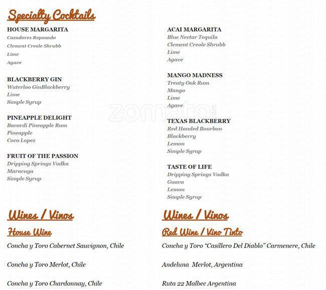 Menu at Casa Colombia restaurant, Austin, E 7th St