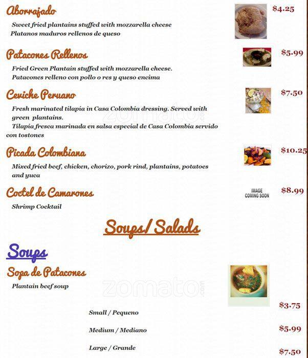 Menu at Casa Colombia restaurant, Austin, E 7th St