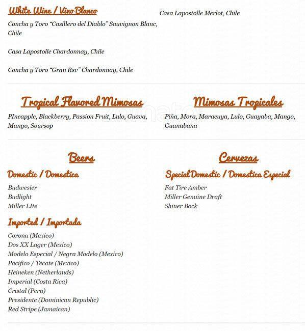 Menu at Casa Colombia restaurant, Austin, E 7th St