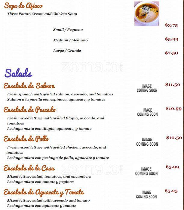 Menu at Casa Colombia restaurant, Austin, E 7th St
