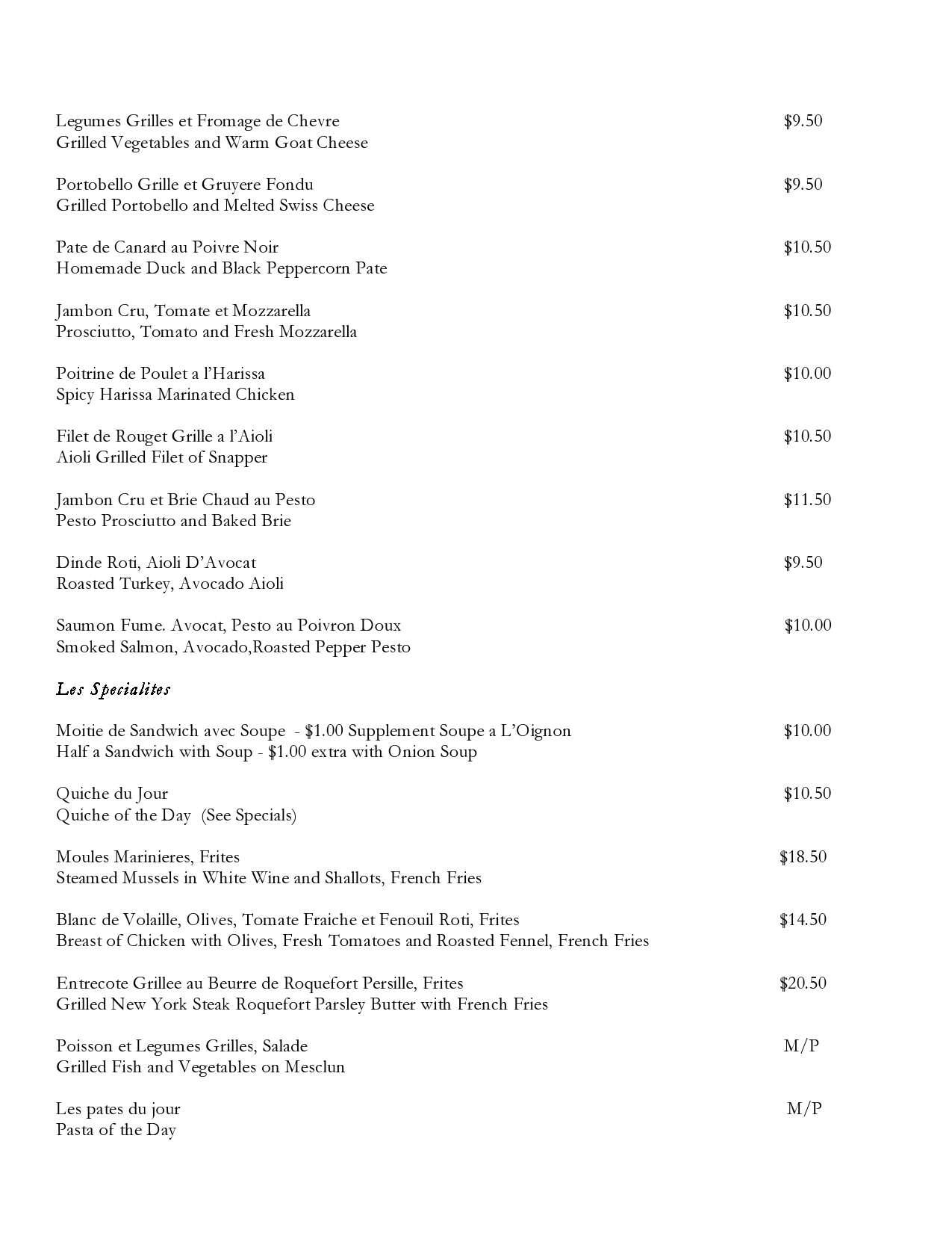 Menu at Cafe Pastis, South Miami, SW 57th Ave