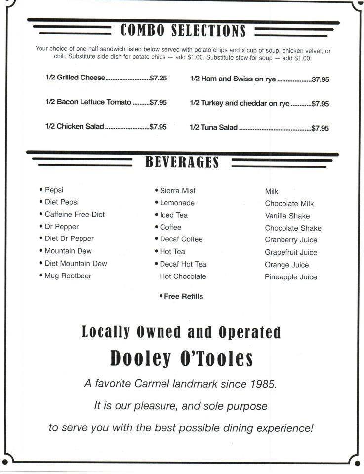 Menu at Dooley O'Toole's pub & bar, Carmel, 160 E Carmel Dr
