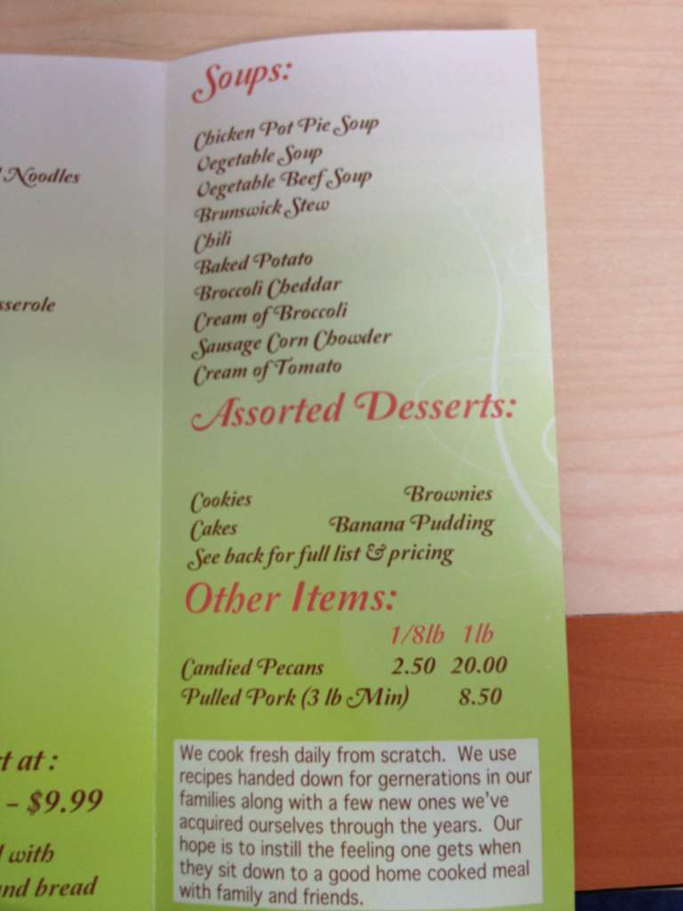 Menu at Simply Sara's restaurant, Jacksonville, Corinthian Ave