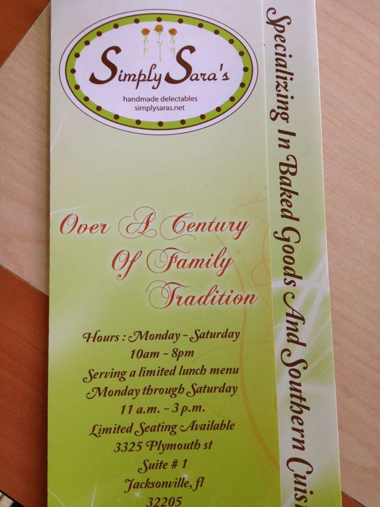 Menu at Simply Sara's restaurant, Jacksonville, Corinthian Ave