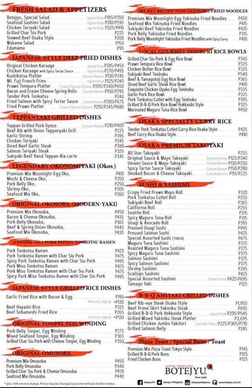 Menu at Botejyu restaurant, Makati, H258+X9H