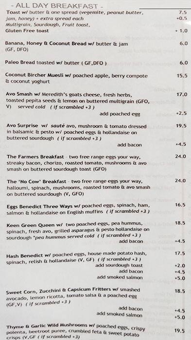 Menu at Two Farm Girls cafe, Aspendale