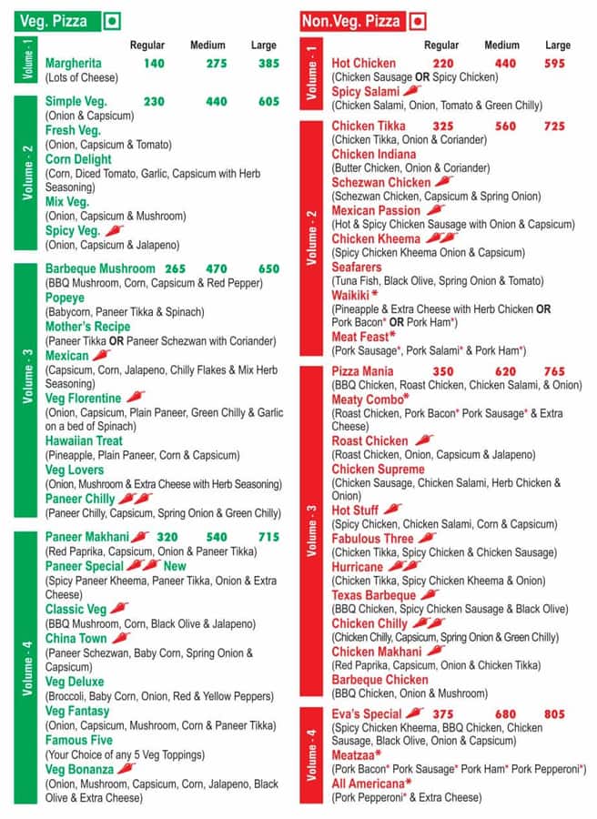 Menu of Eva's Pizza, Santacruz East, Mumbai