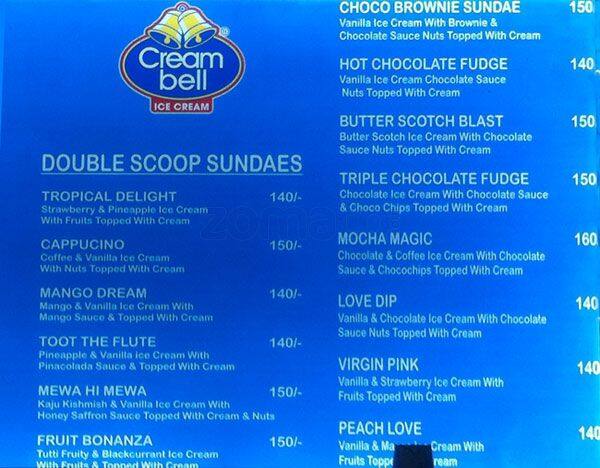 Menu at Pinnay's Softy, Kanpur