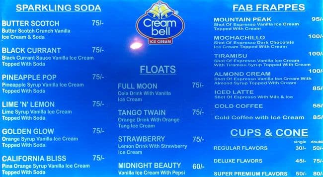 Menu at Pinnay's Softy, Kanpur